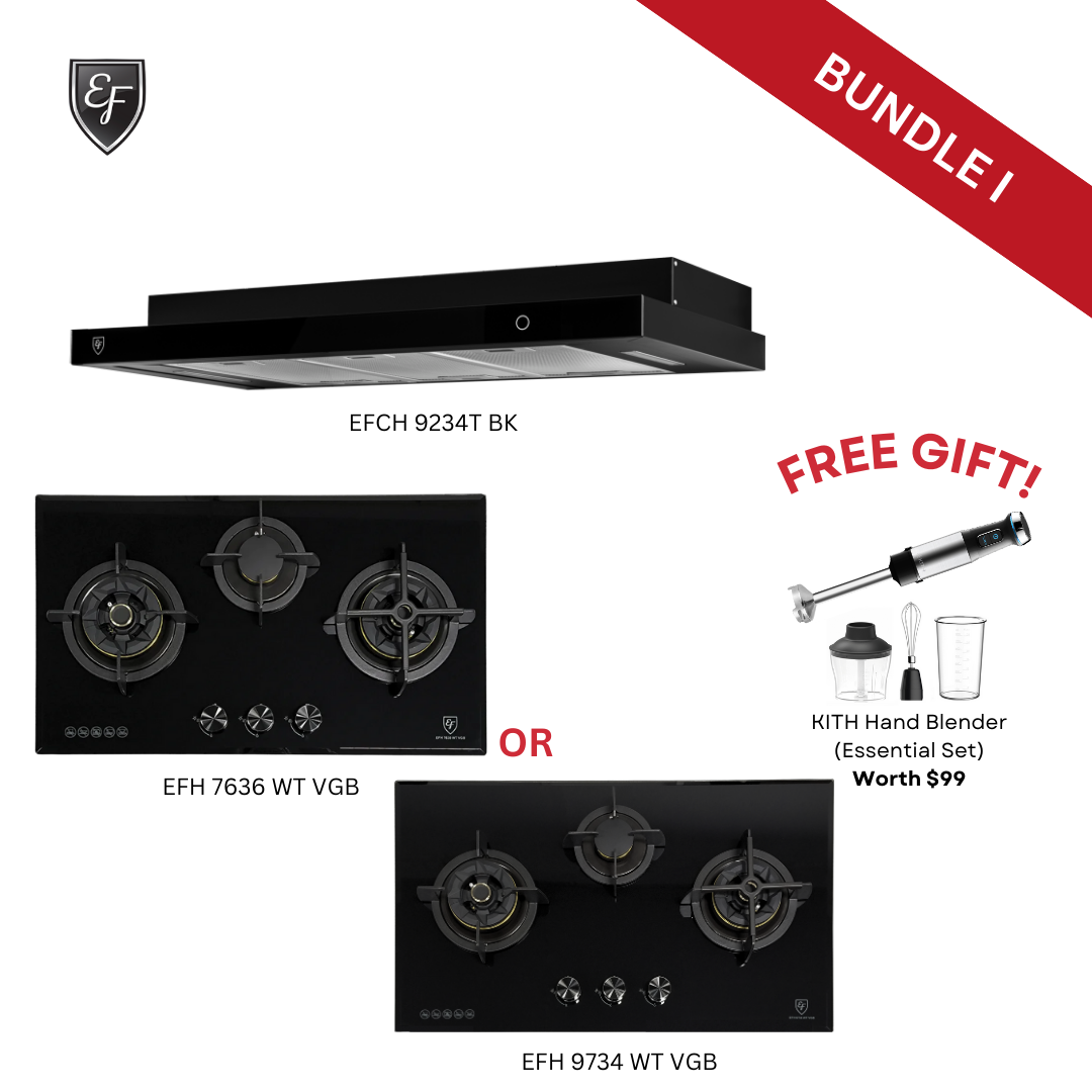 [Bundle I] 90cm Conventional Hood + 78cm/88cm 3 Burners Black Glass Ga ...